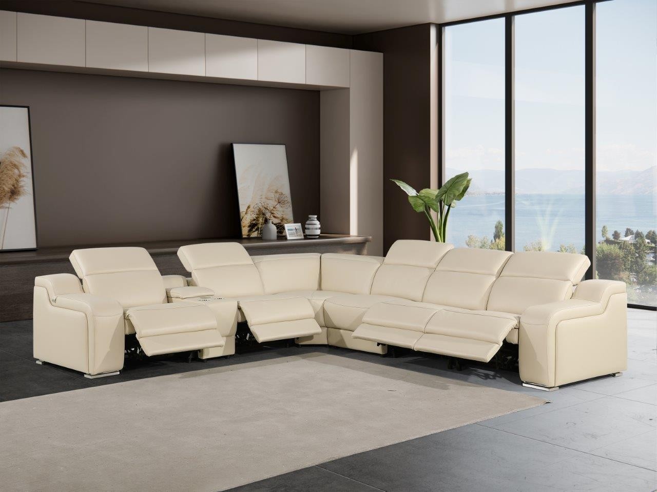 1116 - 7-PC Beige Italian Leather Sectional Sofa w/ 4 Power Recliners ...