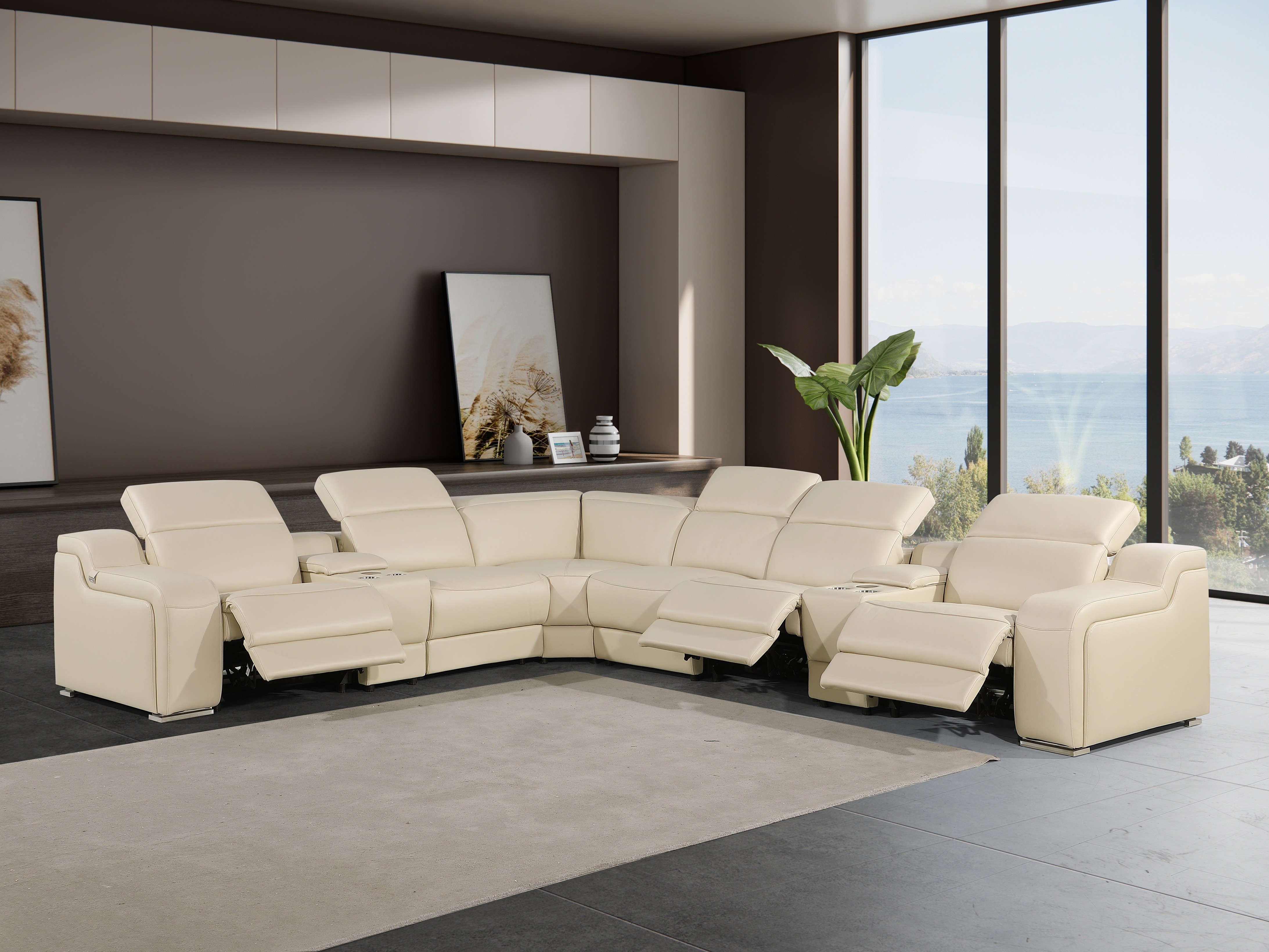 1116 DivanItalia Beige Top-Grain Italian Leather 8-Piece Sectional with ...