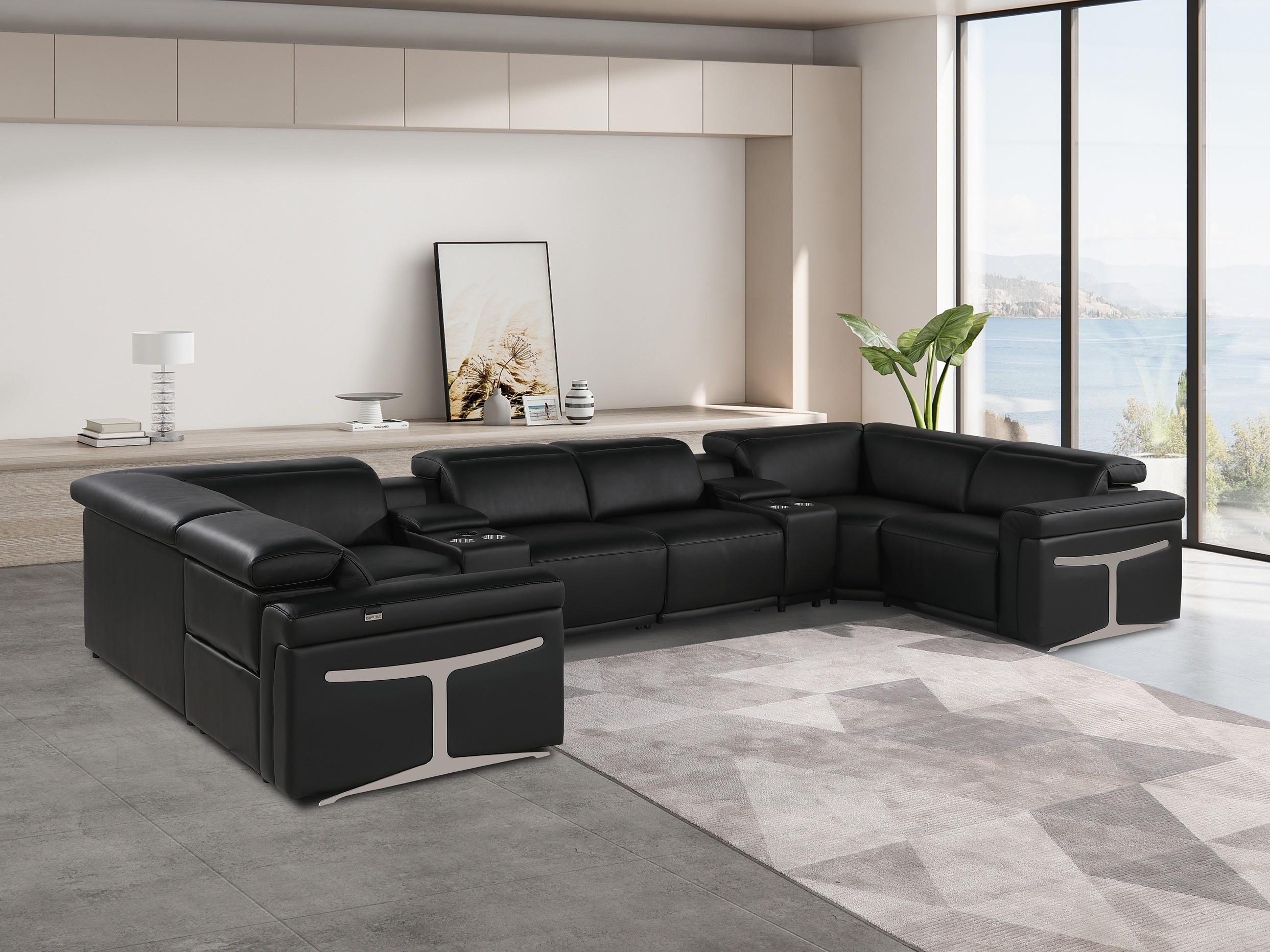 1126 DivanItalia Black 8-Piece Sectional with 4 Power Recliners and ...
