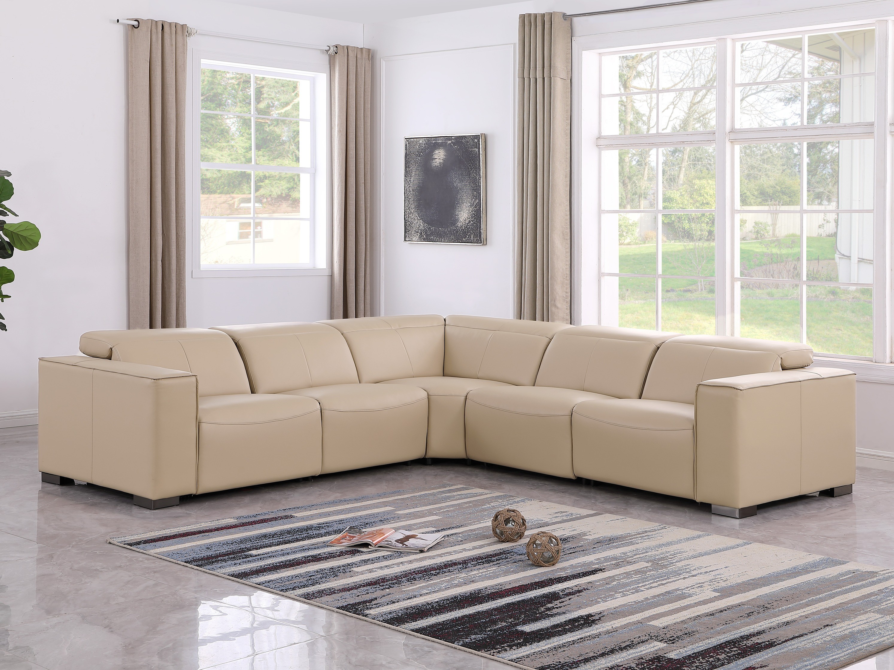 1208 Beige Genuine Leather 5-Piece Sectional with 3 Power Reclining ...