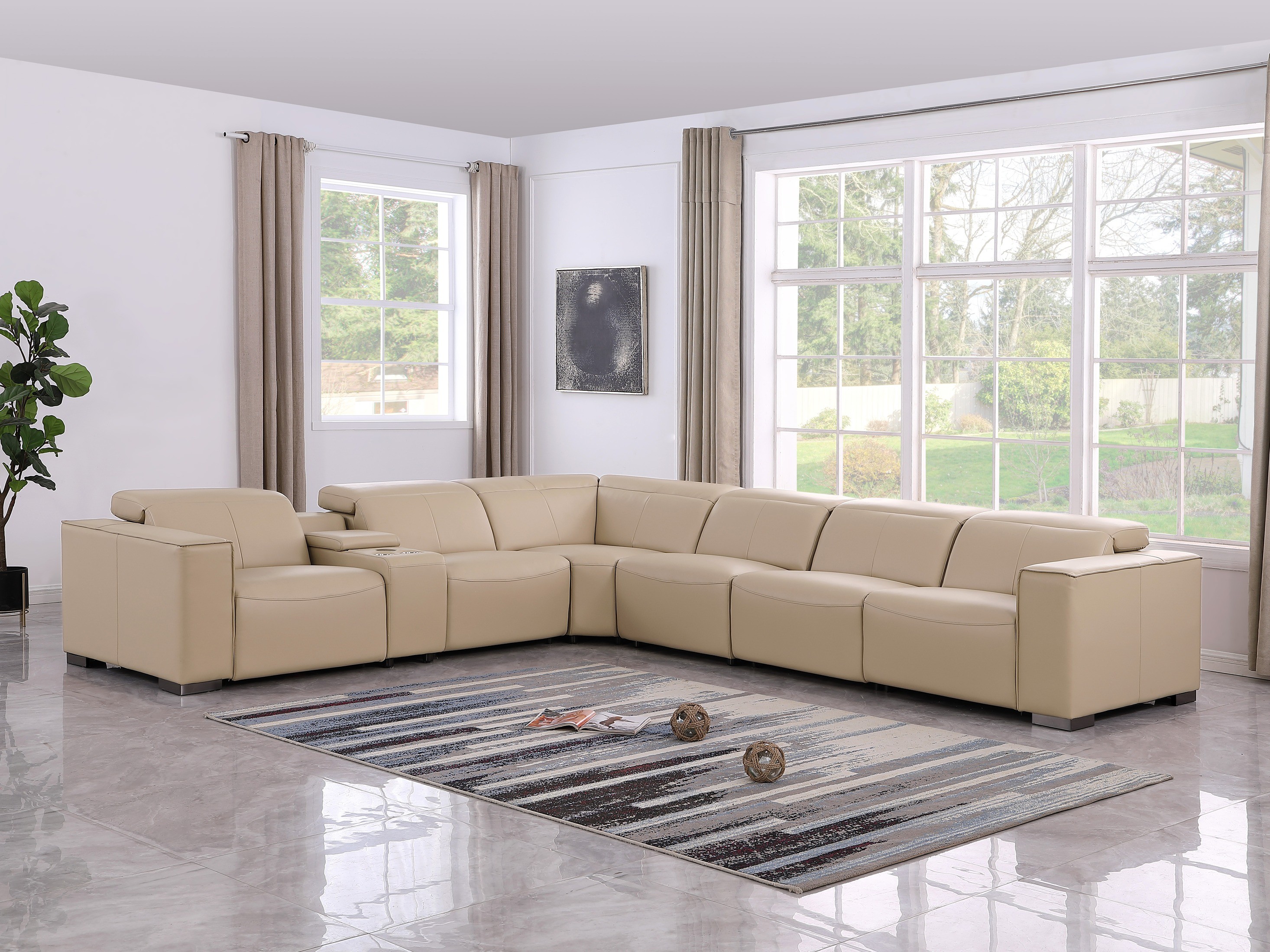 1208 Beige Genuine Leather 7-Piece Sectional with 3 Power Reclining ...