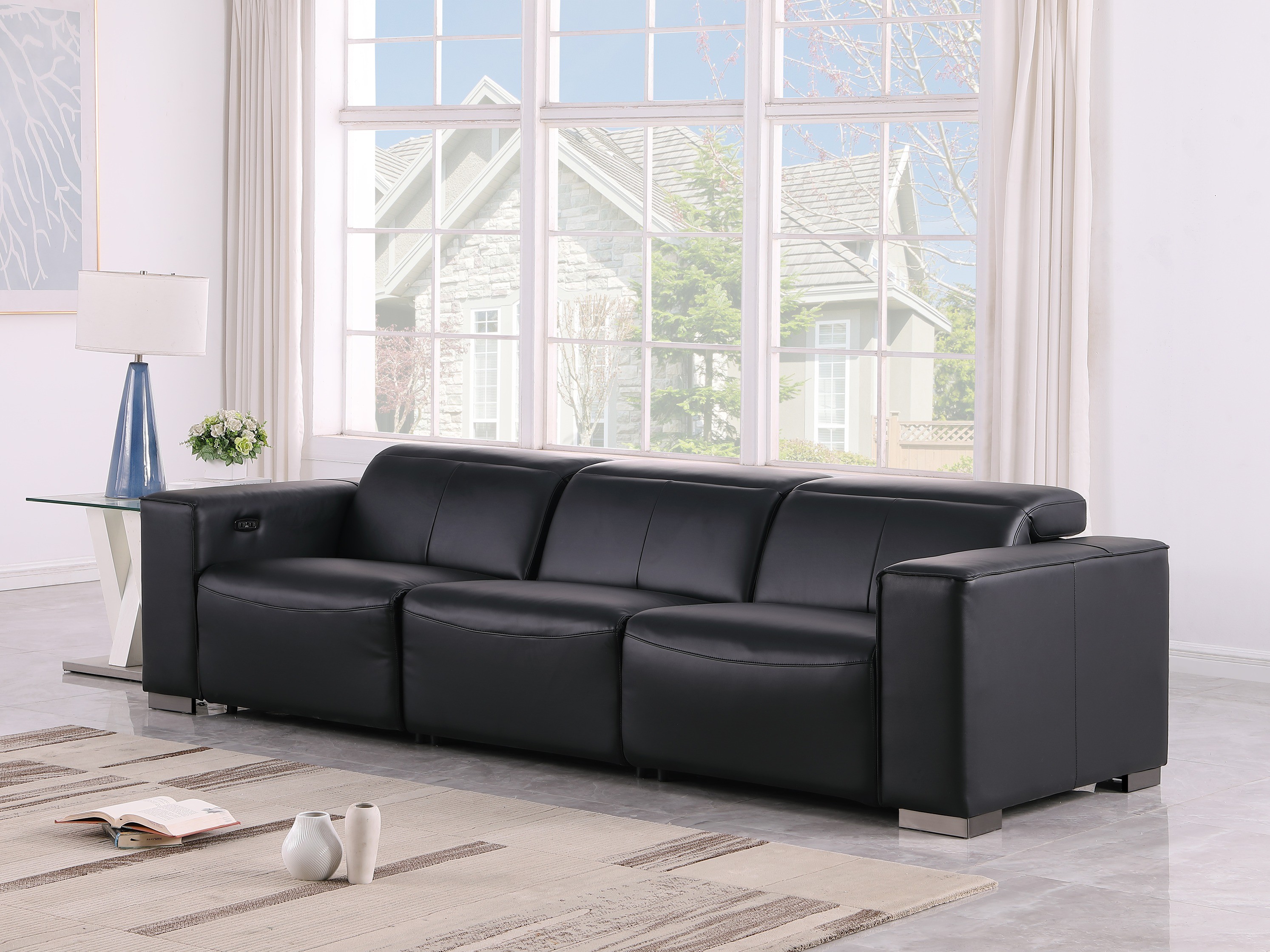 1208 Black Genuine Leather Power Reclining Sofa with Dual Recliners and ...