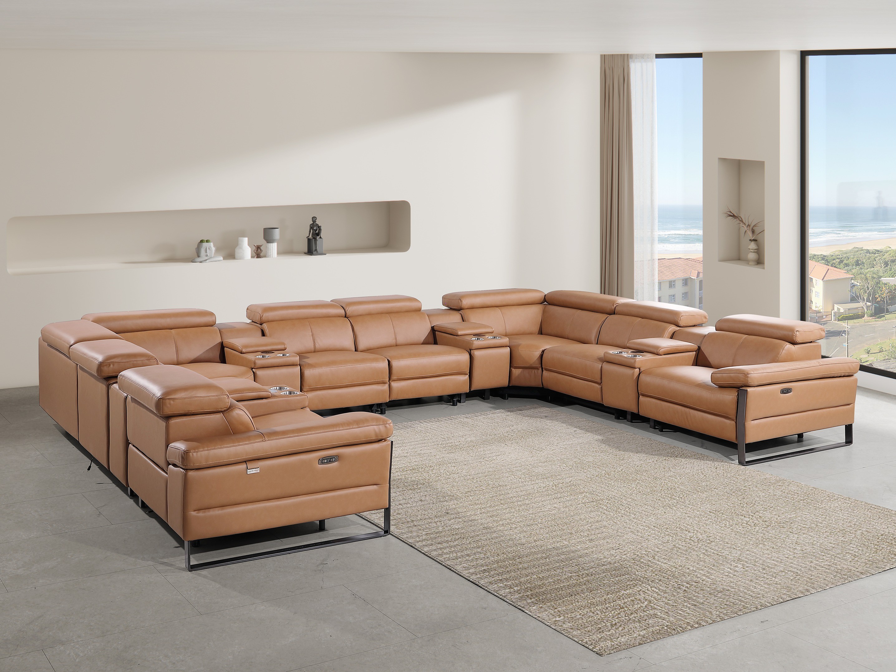 1246 - DivanItalia Cognac 12-Piece U-Shaped Modular Power Reclining ...