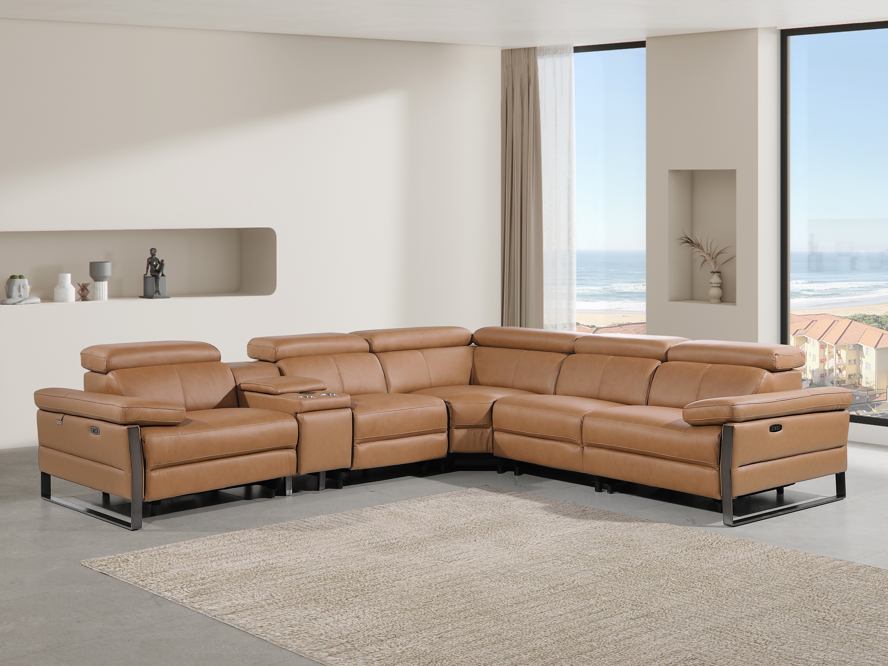 1246 - DivanItalia Cognac 6-Piece L-Shaped Modular Power Reclining ...