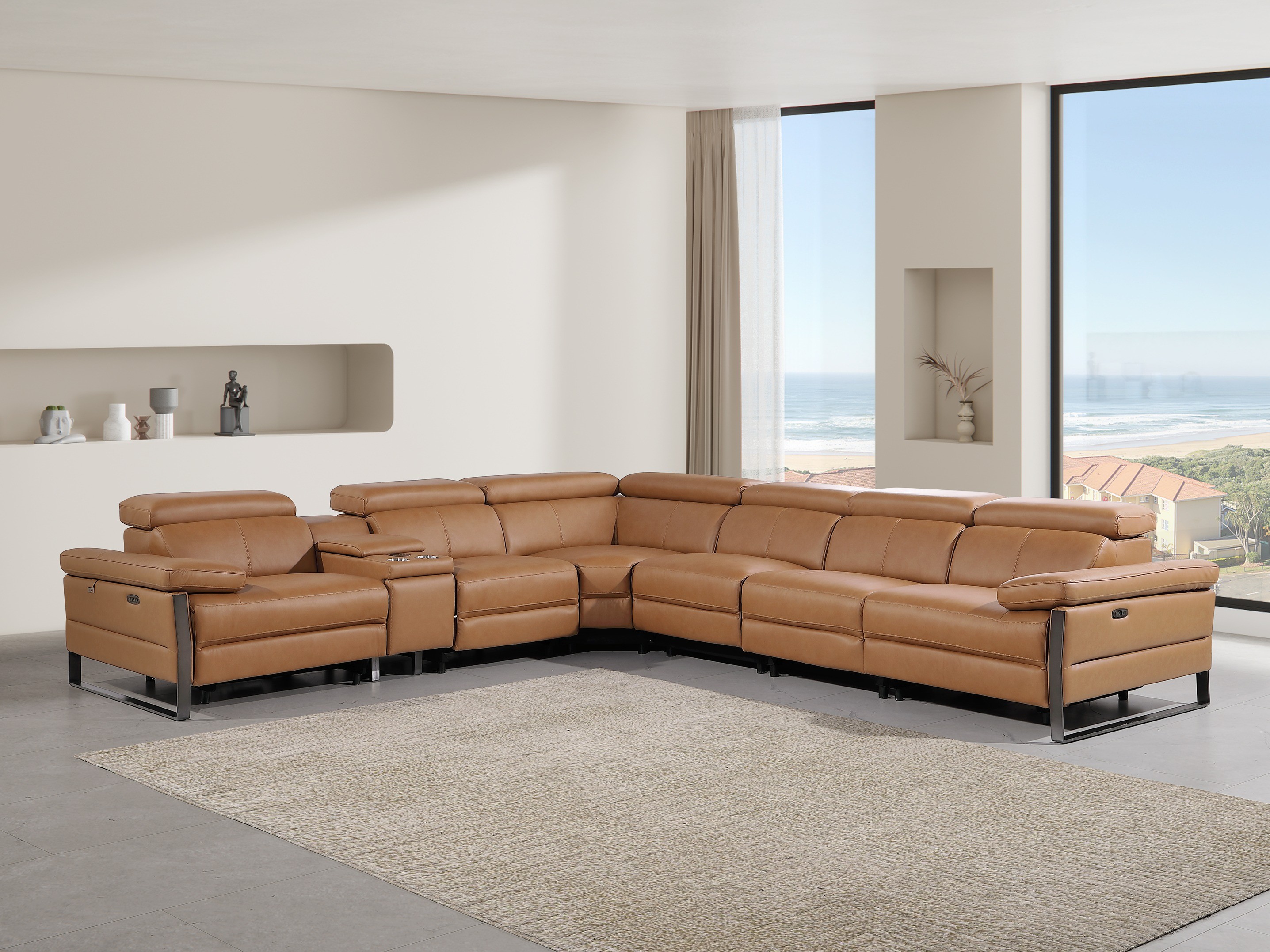 1246 - DivanItalia Cognac 7-Piece L-Shaped Modular Power Reclining ...